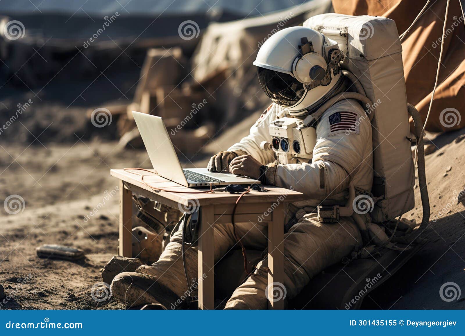 A Man Programmer In A Spacesuit Coding Using A Laptop Computer On The 3062