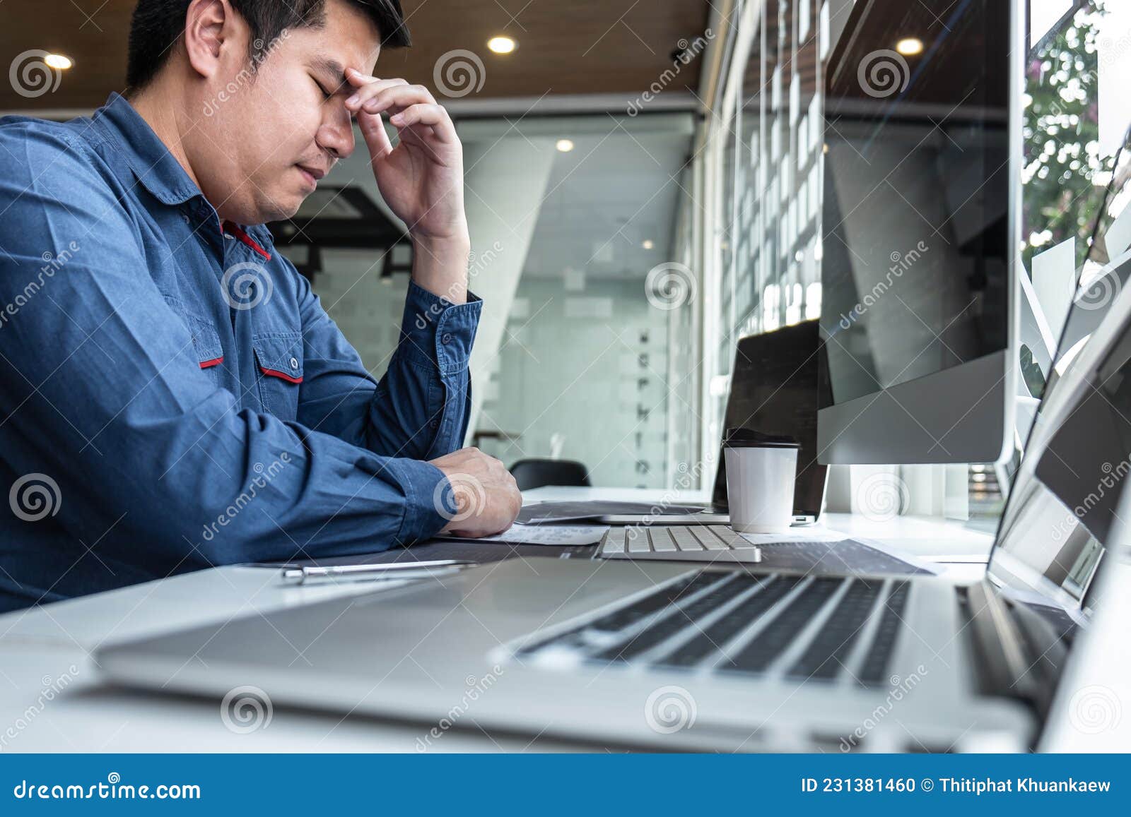 Man Programmer Stressed and Headache Project in Software Development Computer in it Company ...