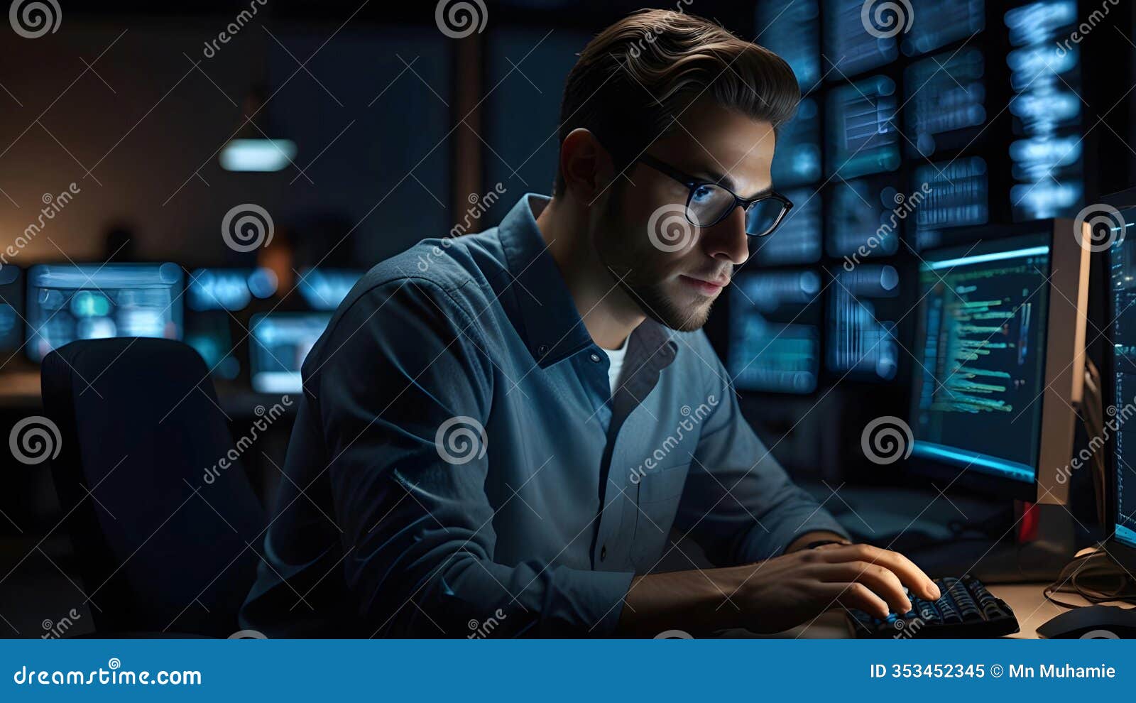 A Man Programmer Typing Code On Multiple Screens Stock Illustration Illustration Of Developer