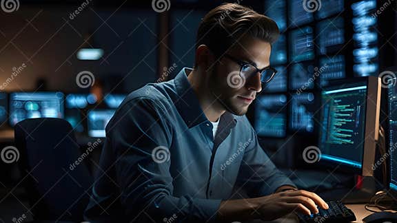 A Man Programmer Typing Code on Multiple Screens Stock Illustration - Illustration of developer ...