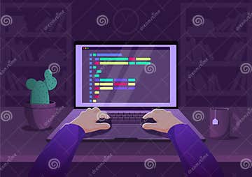 Man Programmer Working on Computer with Code on Screen Illustration ...
