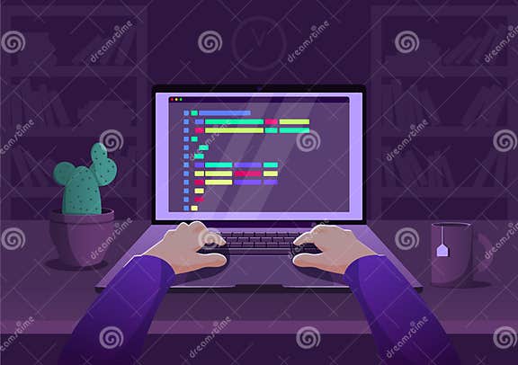 Man Programmer Working On Computer With Code On Screen Illustration