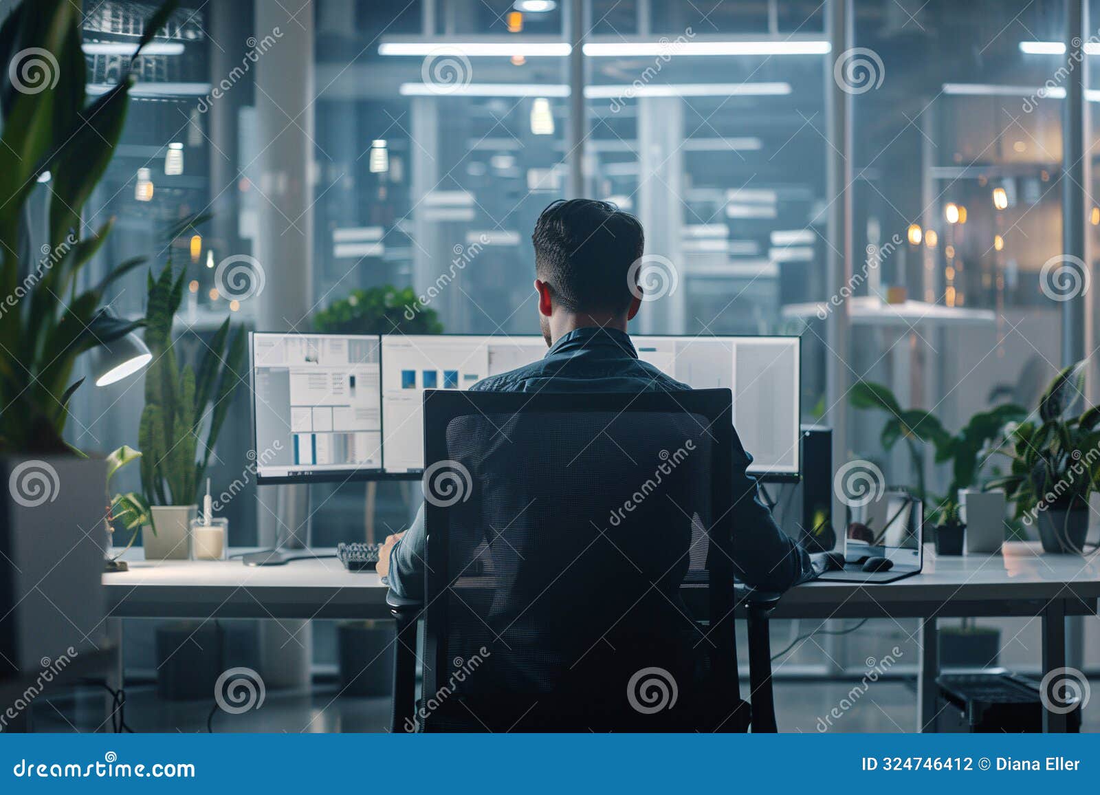 Man Programmer Working with Computer in Modern Office Stock ...