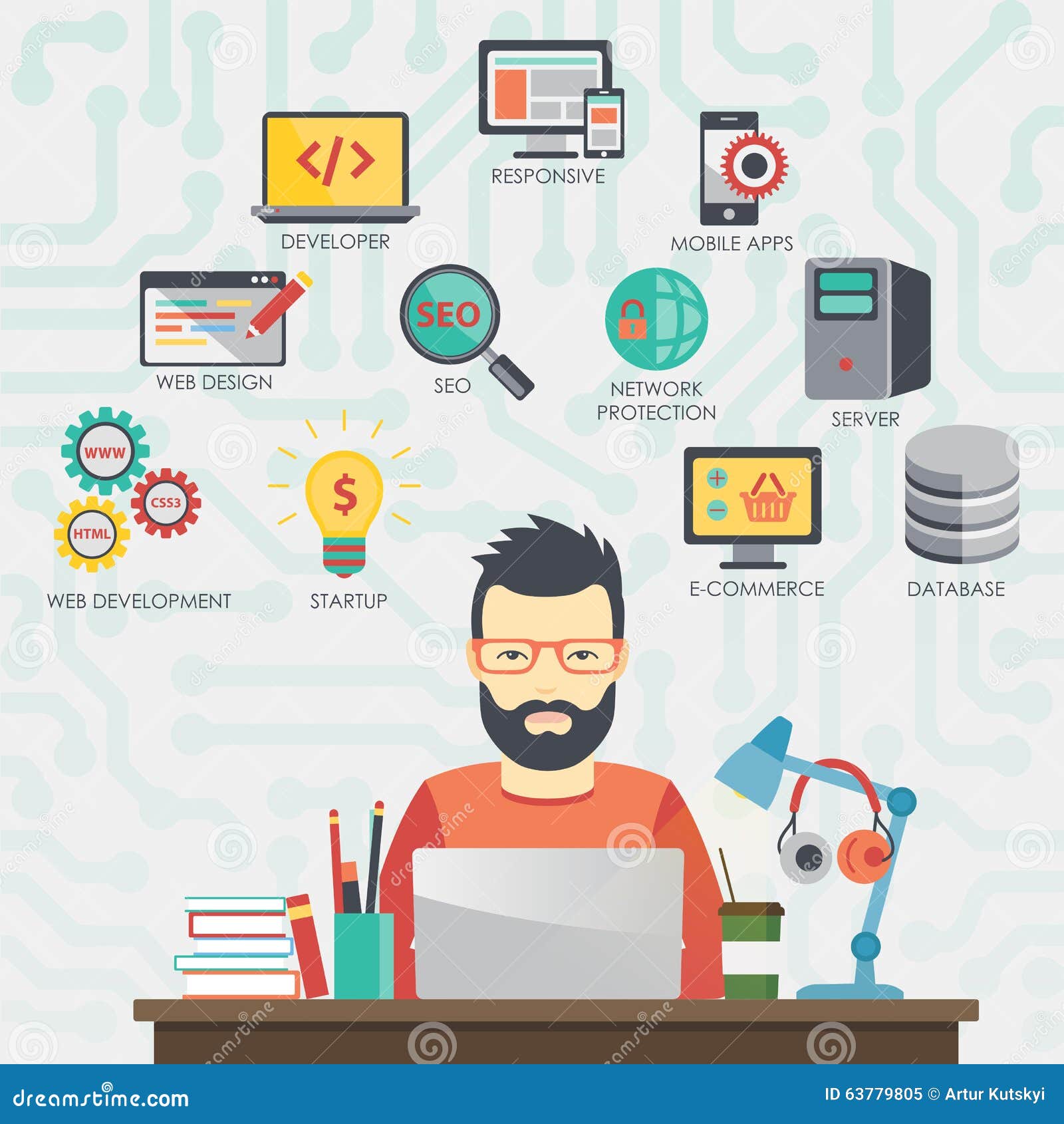 Man Programmer Is Working On His Laptop Coding And Programming Stock Vector Illustration Of
