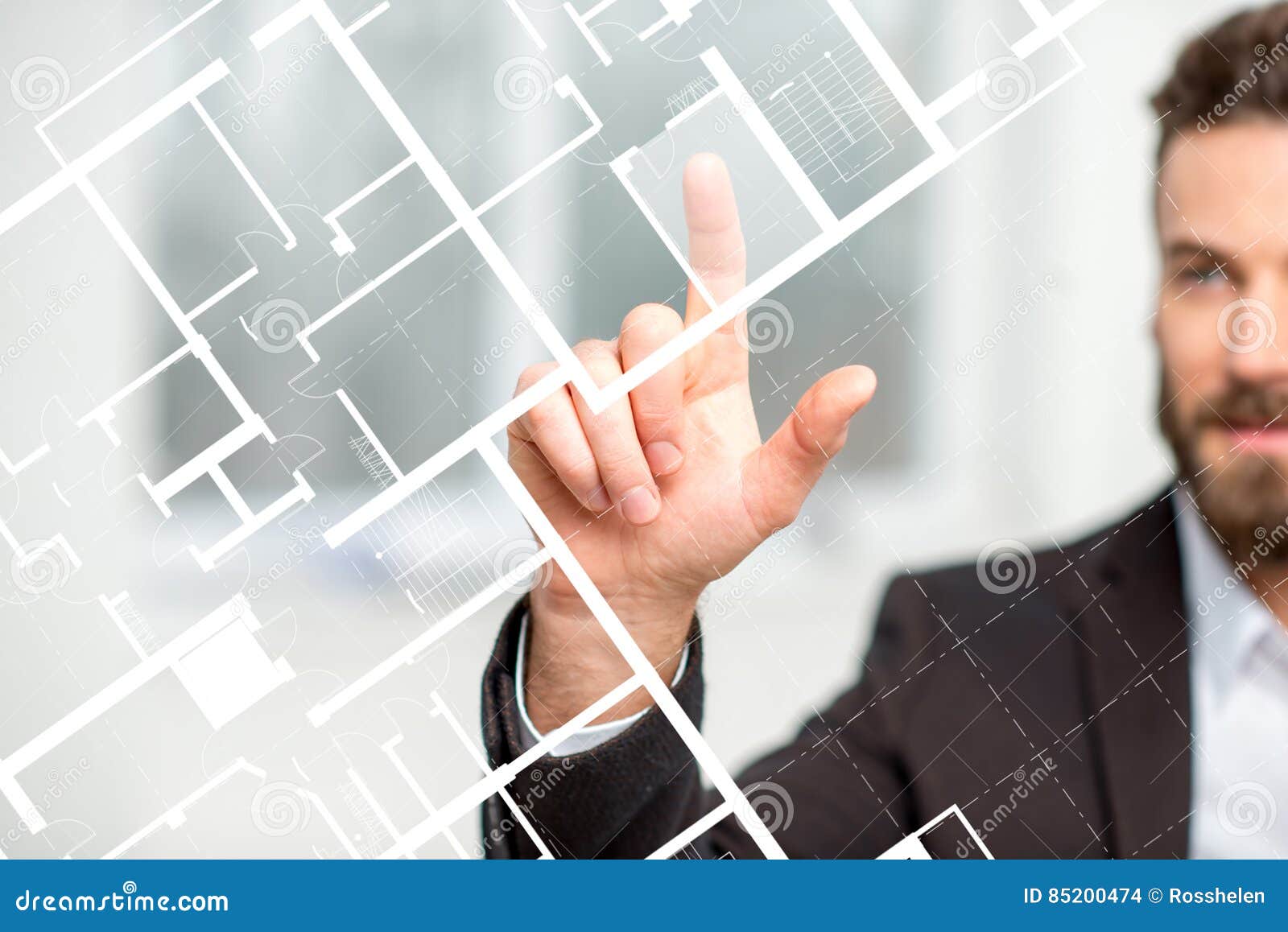 Man Projecting on the Virtual Screen Stock Photo - Image of house, plan ...