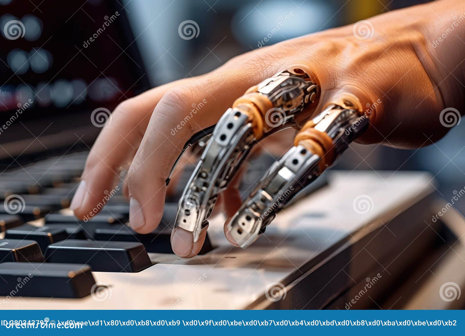 A Man with a Prosthetic Hand is Typing on a Computer Keyboard. Close-up ...