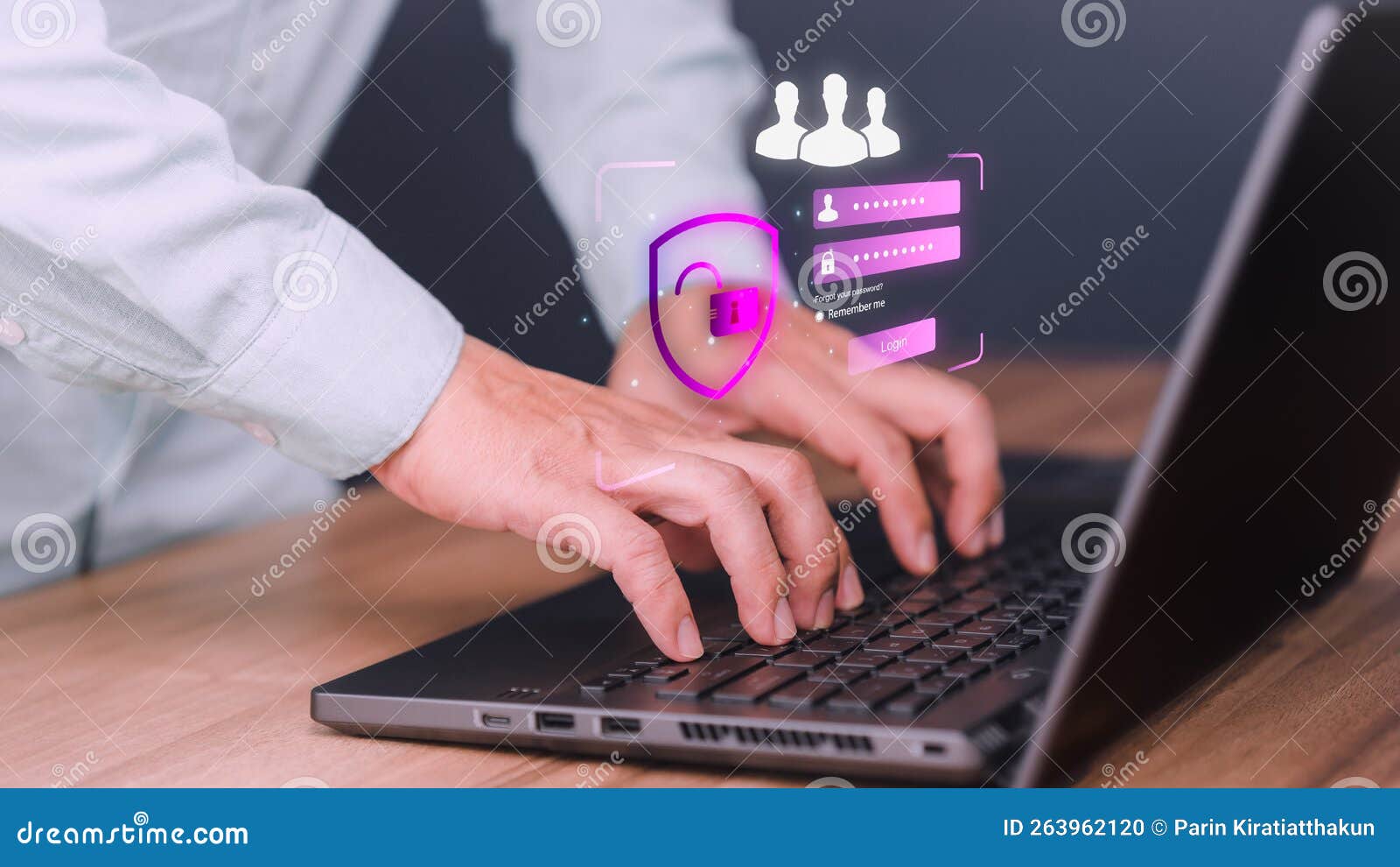 Man Protecting Personal Data on a Computer Laptop and Virtual Interface ...