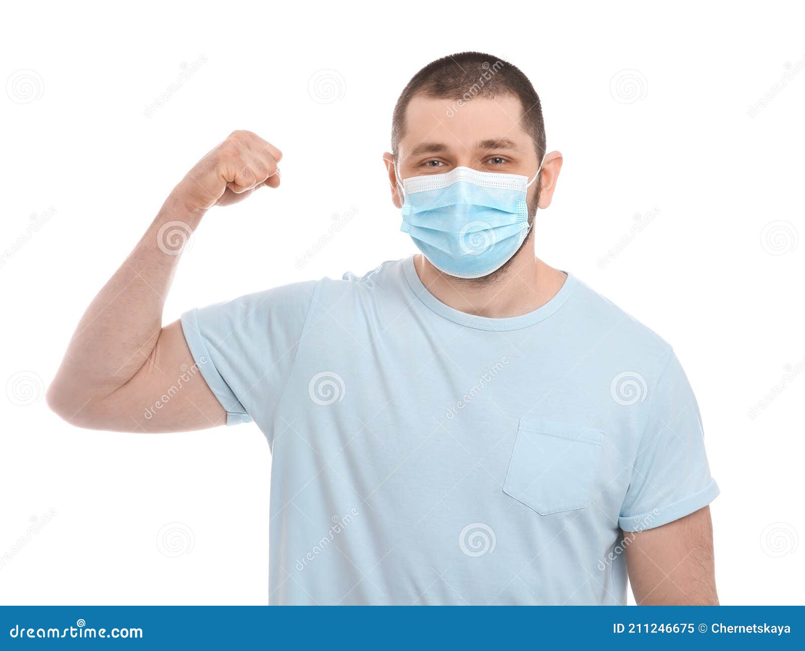 Man with Protective Mask Showing Muscles on White Background. Strong ...