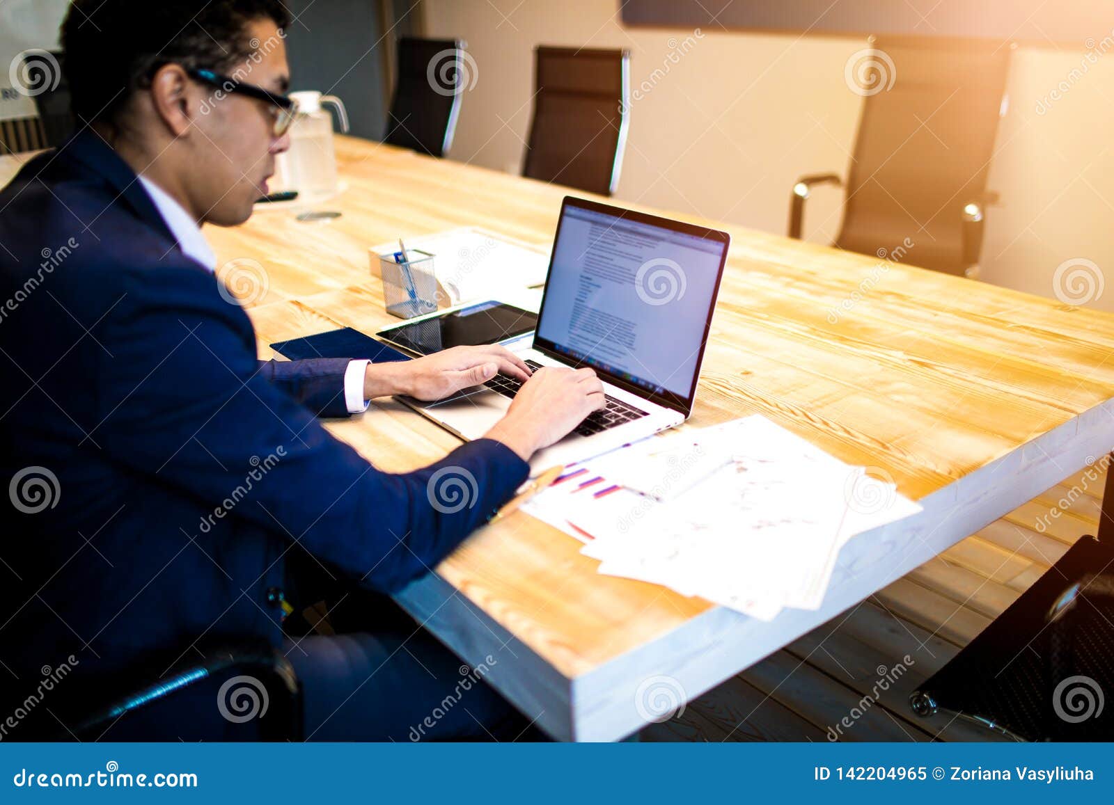 Male Entrepreneur Typing Text on Notebook. Workplace with Netbook Stock ...