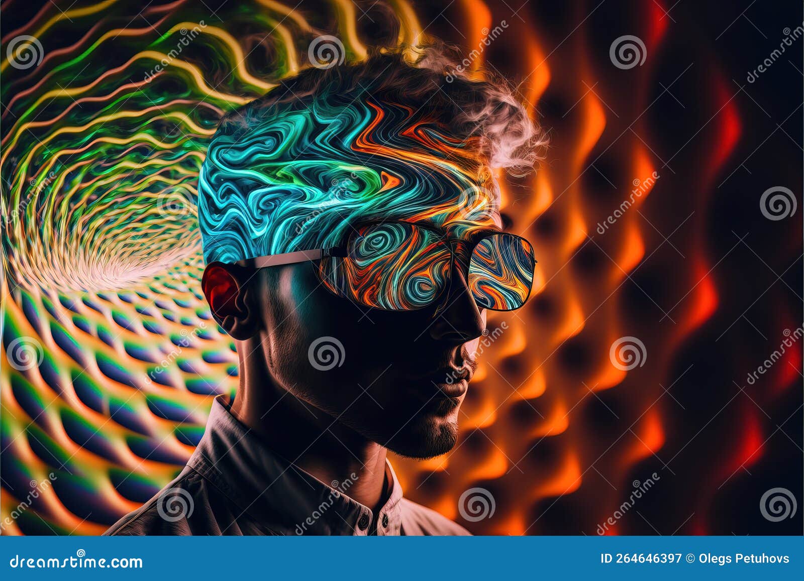 A Man with a Psychedelicly Designed Head and Glasses on His Face Stock ...