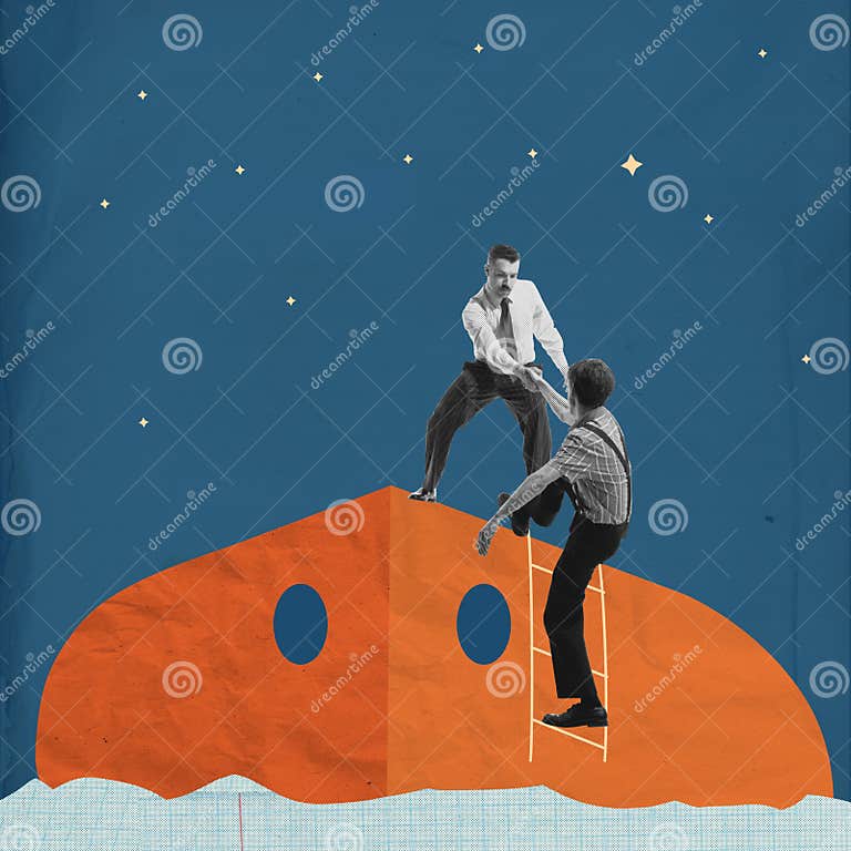 Man Pulling Another Up Ladder on Abstract Orange Ship, Symbolizing ...