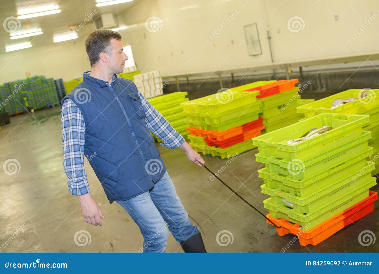 Man Pulling Stack Plastic Crates Stock Photo - Image of industry, store ...