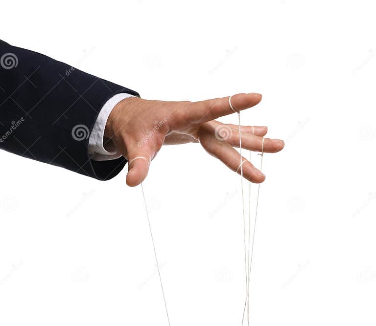 Man Pulling Strings of Puppet on White Background, Closeup Stock Photo ...