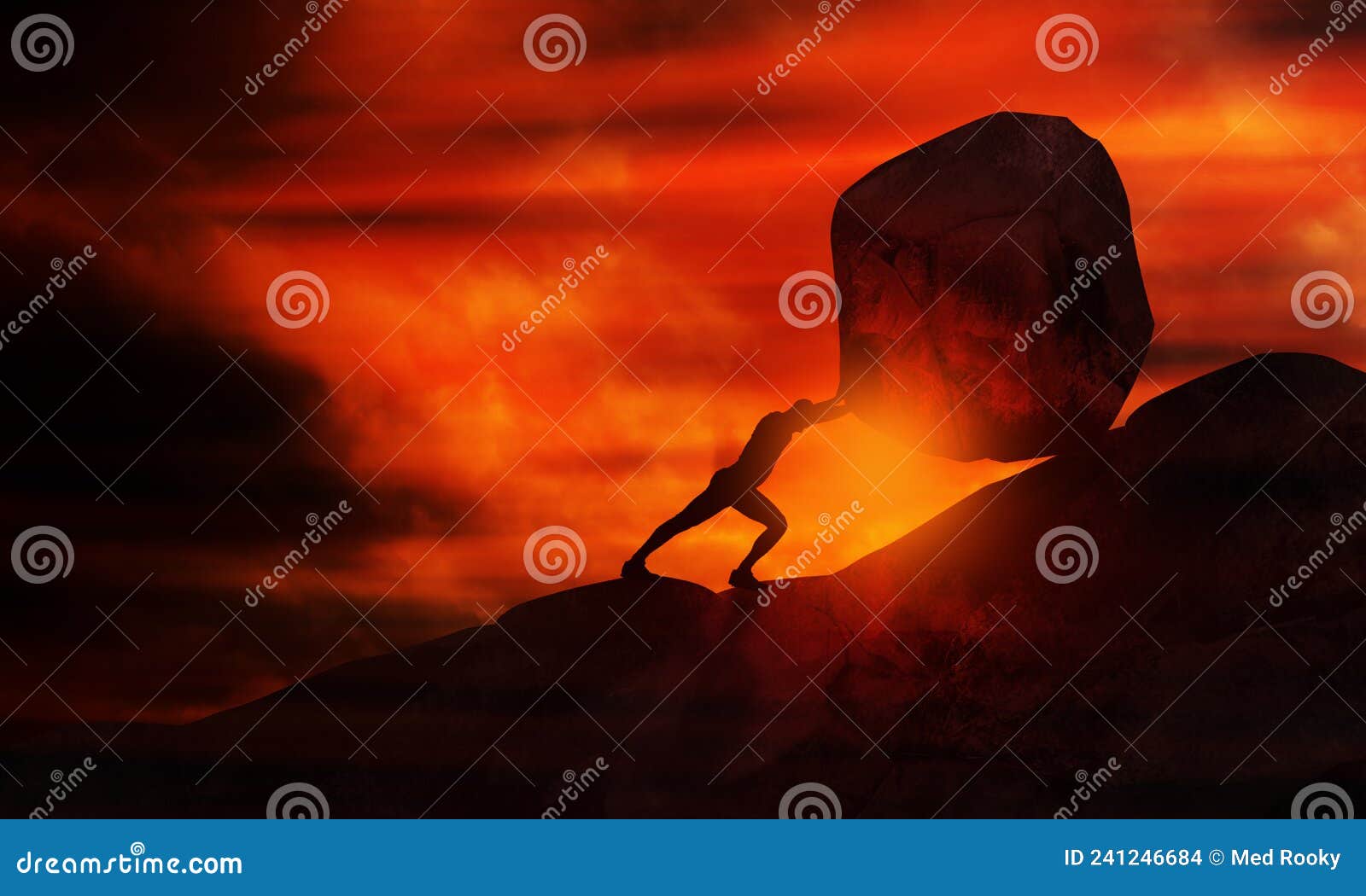 Man Pushing Big Stone Uphill at Sunset. Businessman Push Hardly the ... Man Pushing Big Stone Uphill at Sunset. Businessman Push Hardly the ...