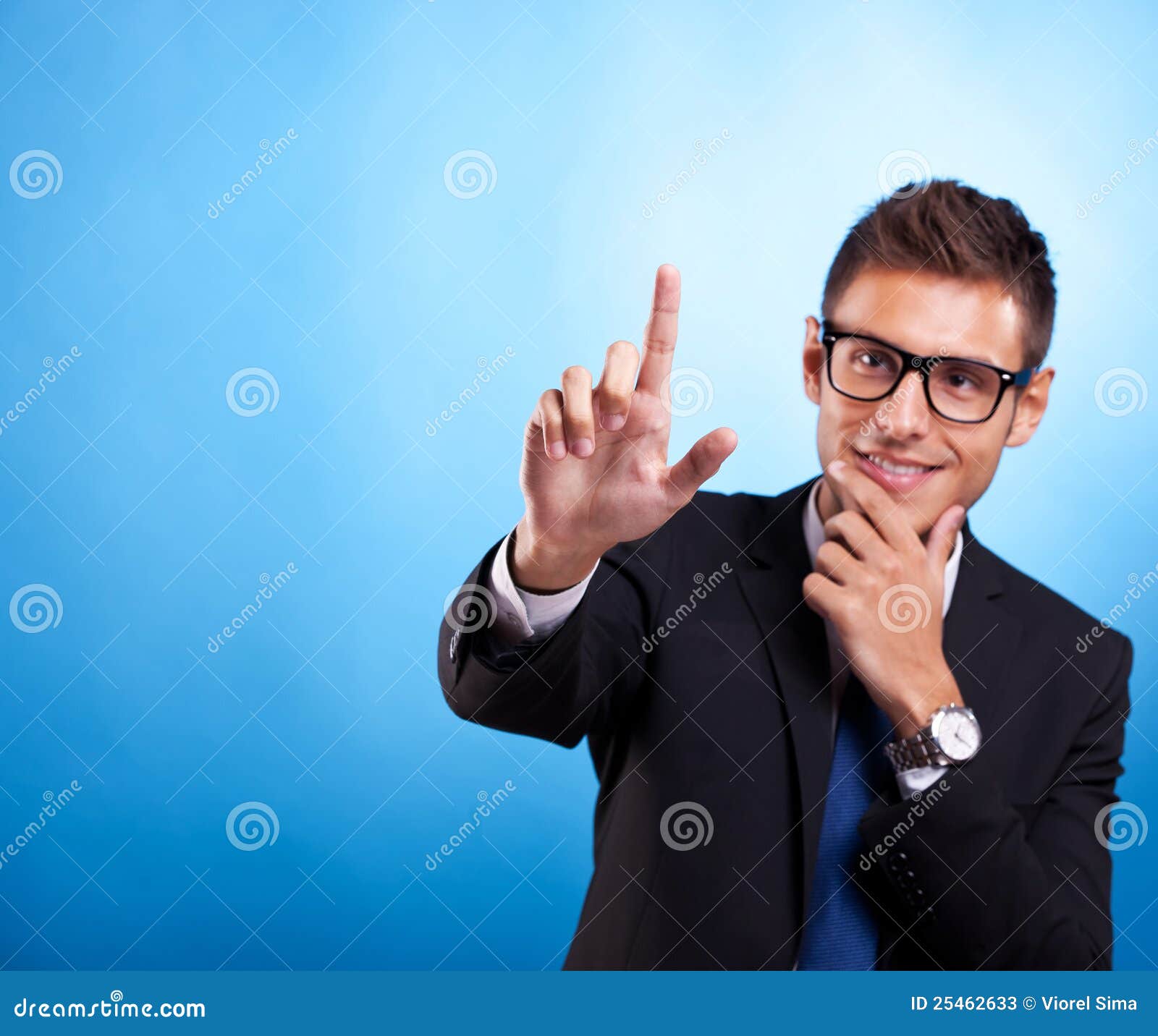 Man Pushing Imaginary Digital Buttons Stock Image - Image of future ...