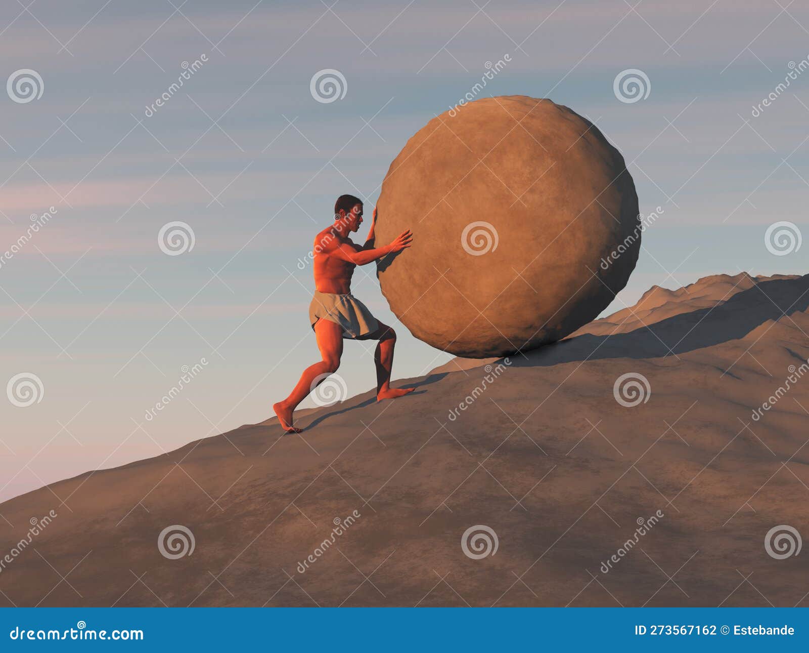 Man Pushing a Large Stone on a Slope Stock Illustration - Illustration ...