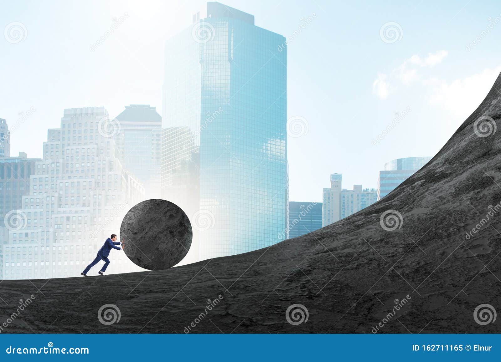 Man Pushing Large Stone To the Top Stock Image - Image of boulder ...