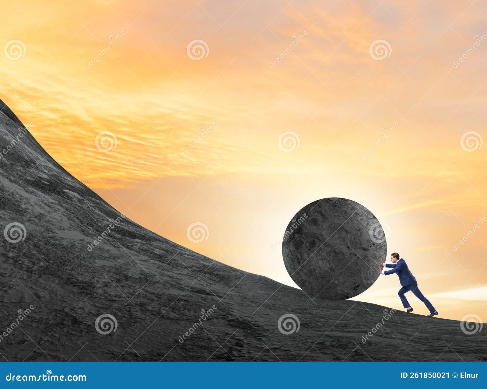 Man Pushing Large Stone To the Top Stock Image - Image of employee ...