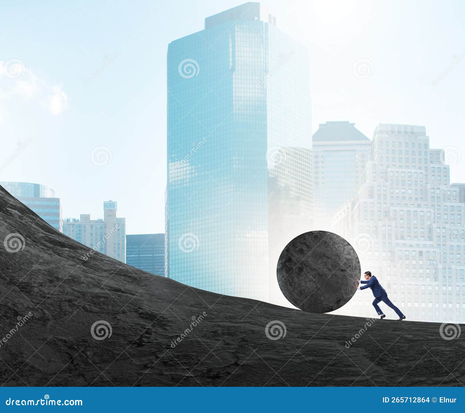 Man Pushing Large Stone To the Top Stock Photo - Image of persistence ...