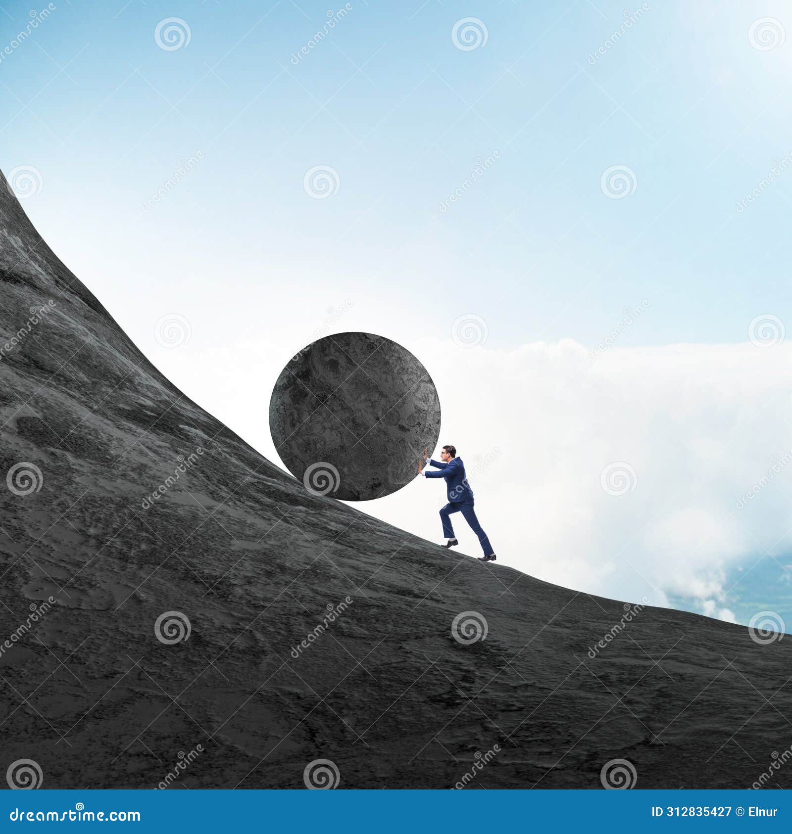 Man Pushing Large Stone To the Top Stock Image - Image of character ...