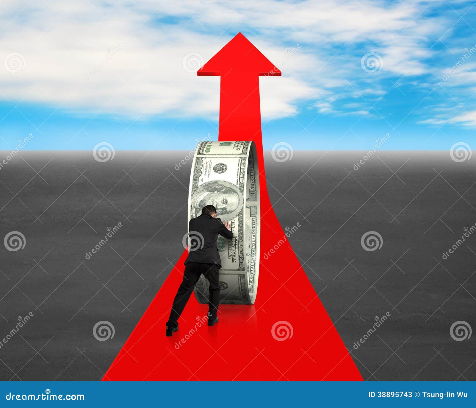 Man Pushing Money Circle on Red Arrow Stock Image - Image of dollar ...