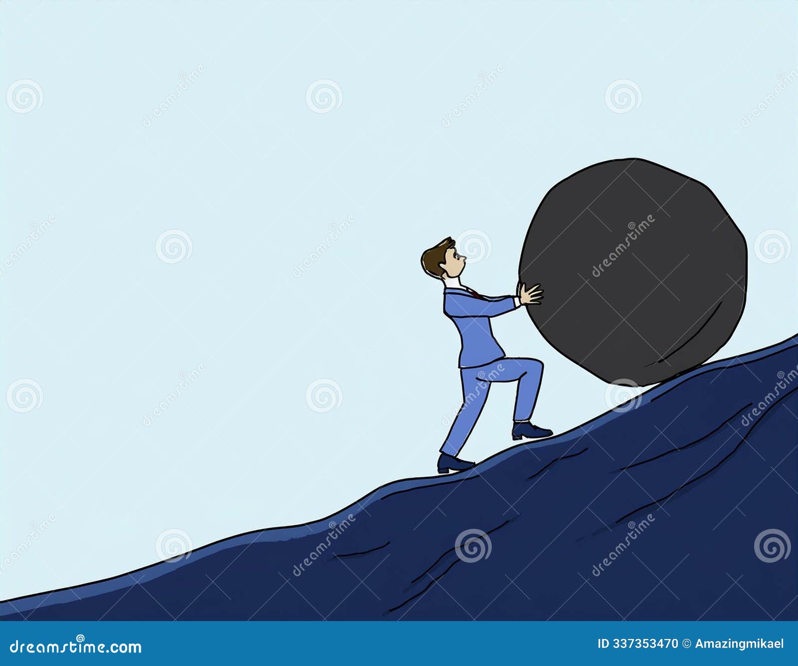 Man Pushing Stone Uphill with Determination Overcoming Obstacles ...