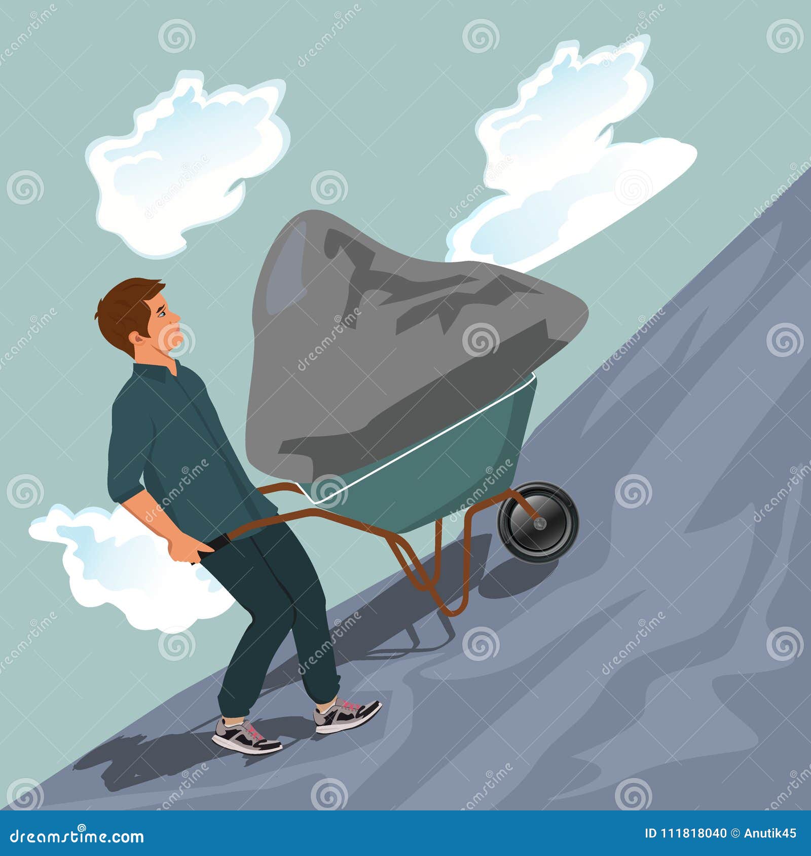 Man Pushing Stone Uphill on Wheelbarrow, Vector Illustration Stock ... Man Pushing Stone Uphill on Wheelbarrow, Vector Illustration Stock ...
