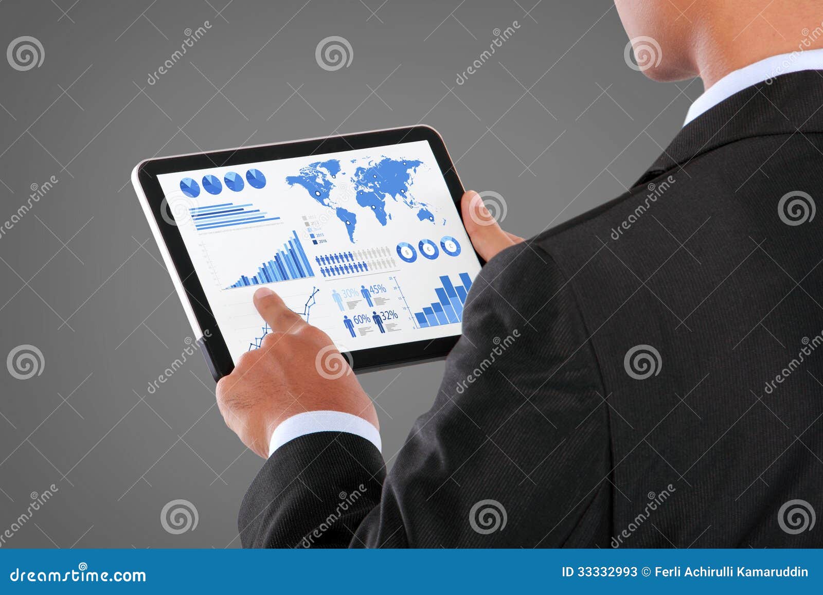 Man Pushing on a Touch Screen Tablet of Infographics Stock Image ...
