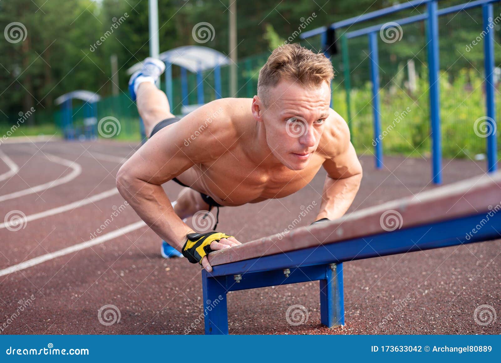 The Man is Pushing Up from the Bench Stock Photo - Image of athlete ...