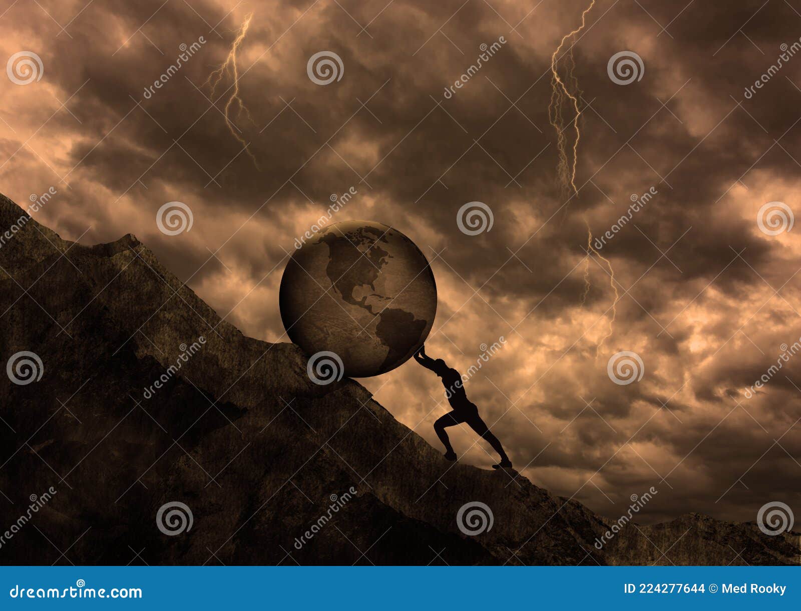 Man Pushing the World Uphill. Surreal Concept, Challenge and Hard Work ...