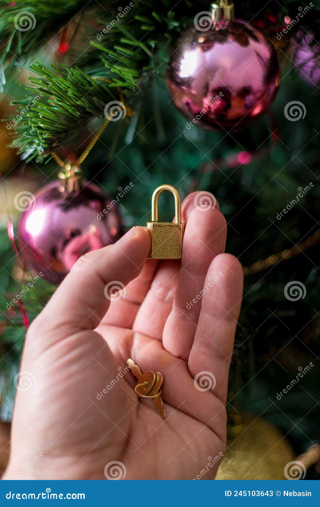 A Man Puts a Lock on the Christmas Tree Stock Image - Image of year ...