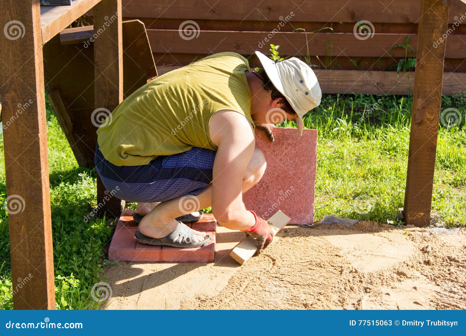 Man Puts Red Concrete Paving Slabs Stock Image - Image of sidewalk ...