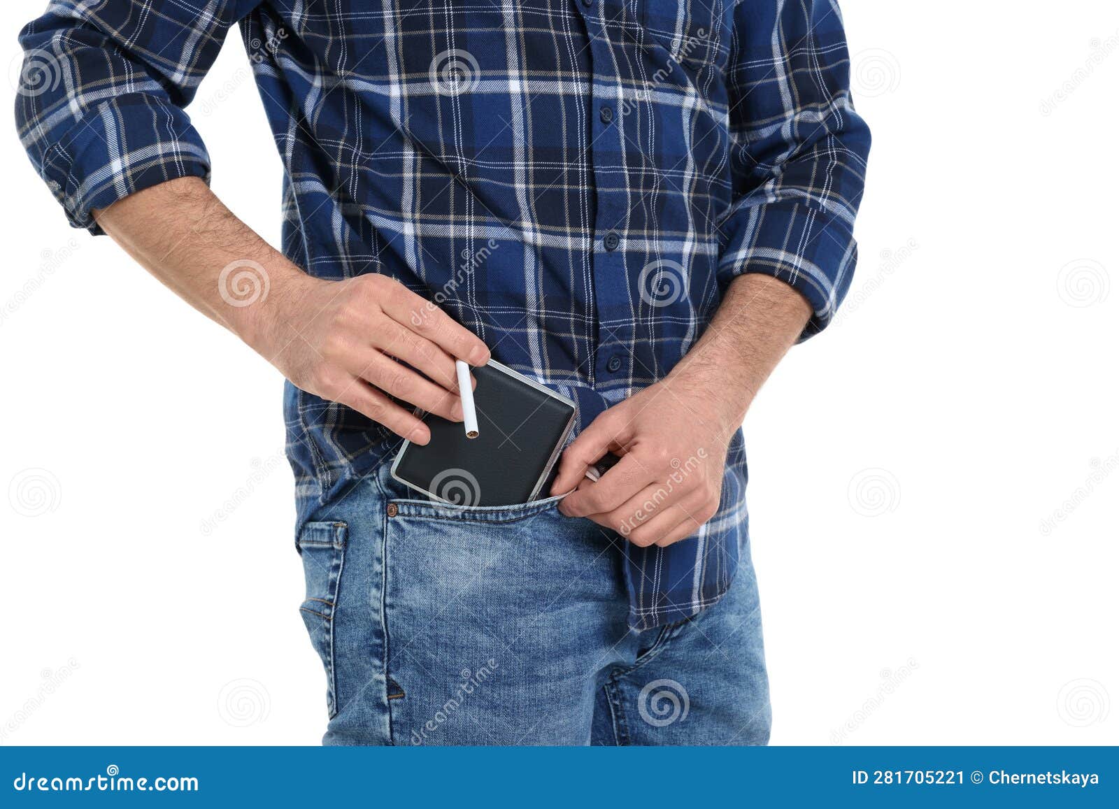 Man Putting Cigarette Case into Pocket Isolated on White, Closeup Stock ...