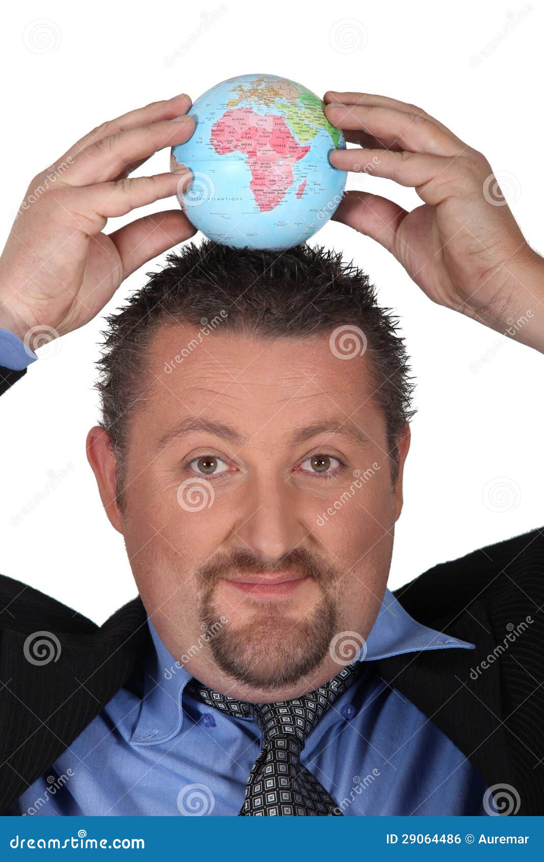 Man Putting a Globe on Head Stock Photo - Image of boss, front: 29064486