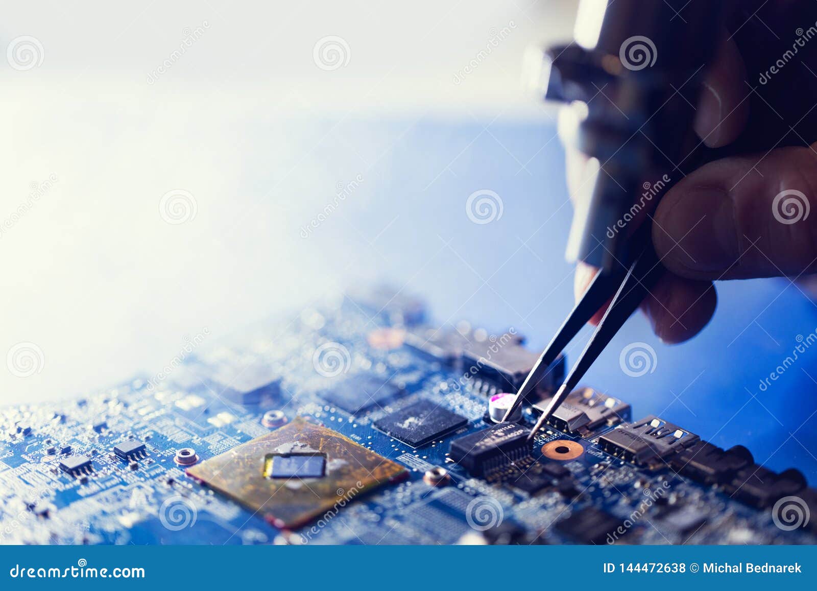 Man Putting Microchip on the CPU Board Stock Photo - Image of close ...