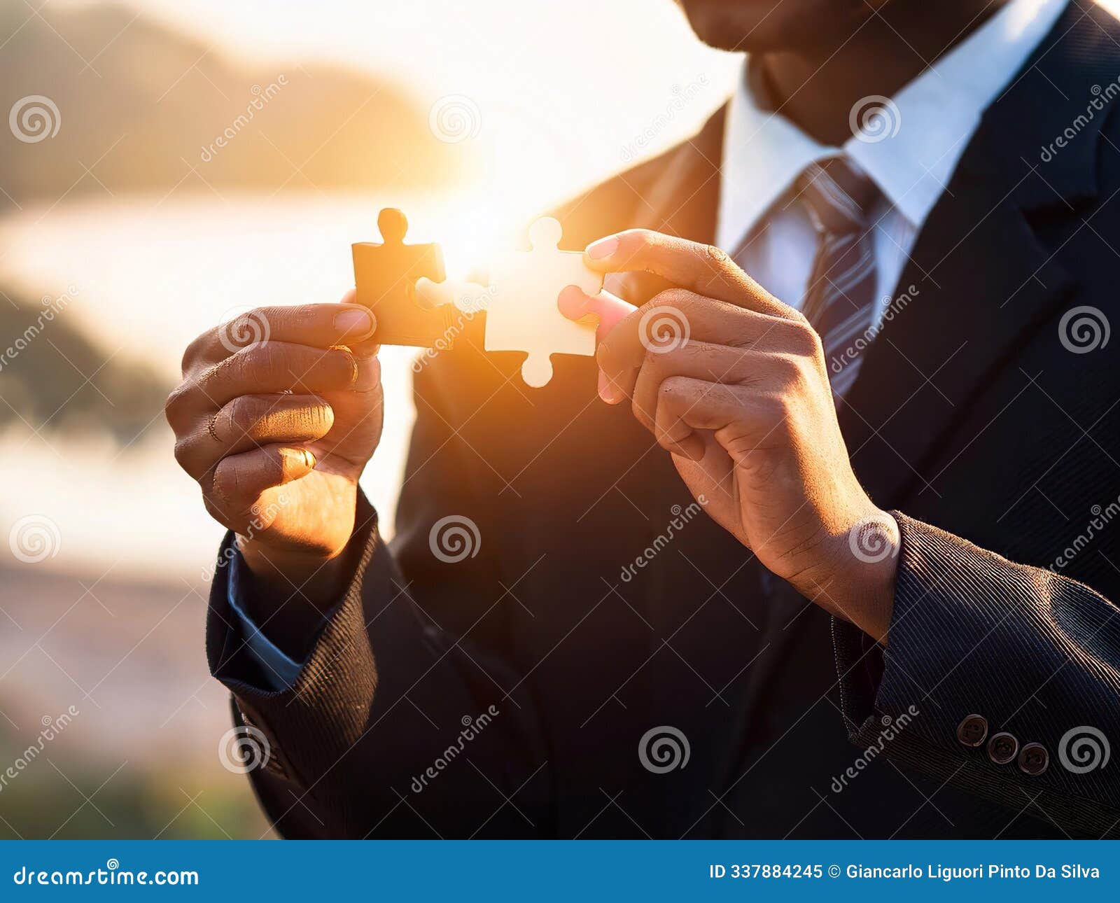 Man Putting Two Puzzle Pieces Together Stock Illustration ...