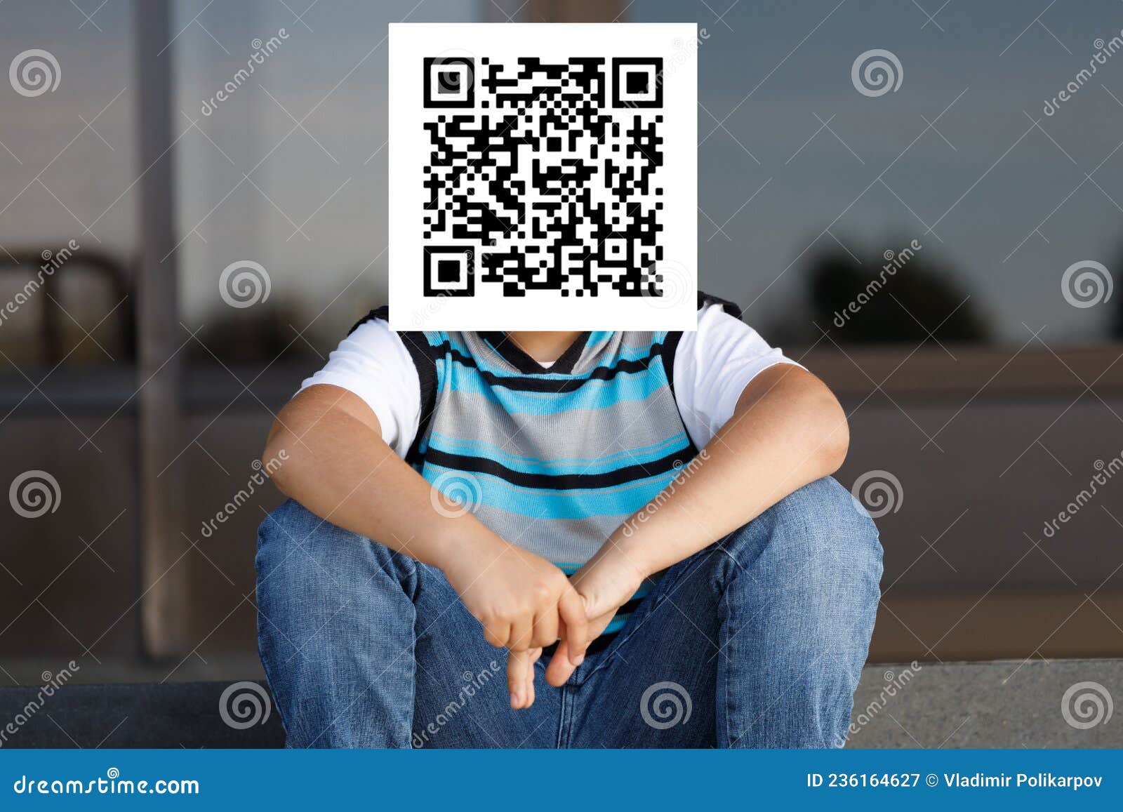 Man with Qr Code on His Face Sits on the Steps Stock Image - Image of ...