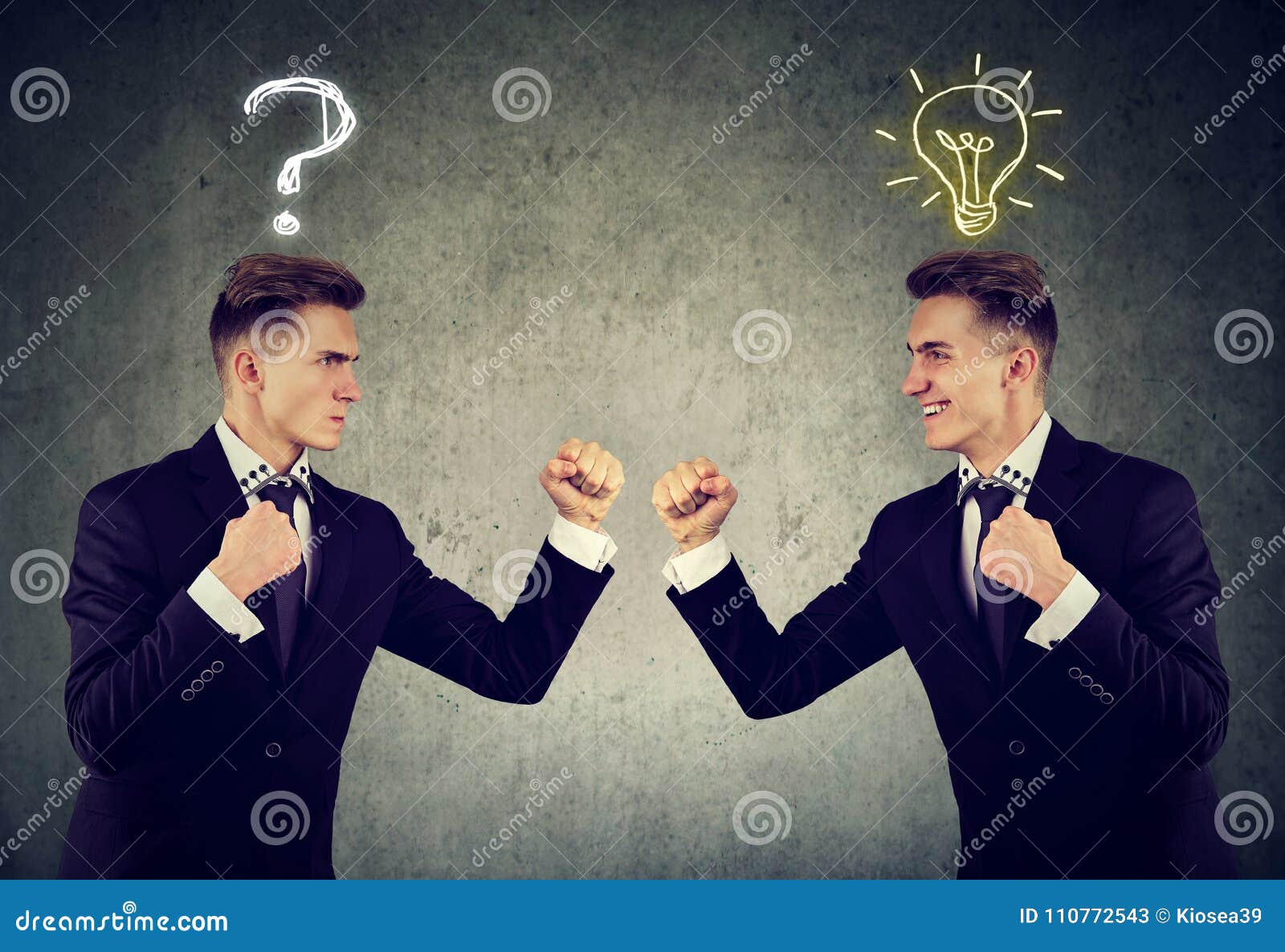 Man with Question Mark Fighting a Guy with Bright Idea Stock Image ...