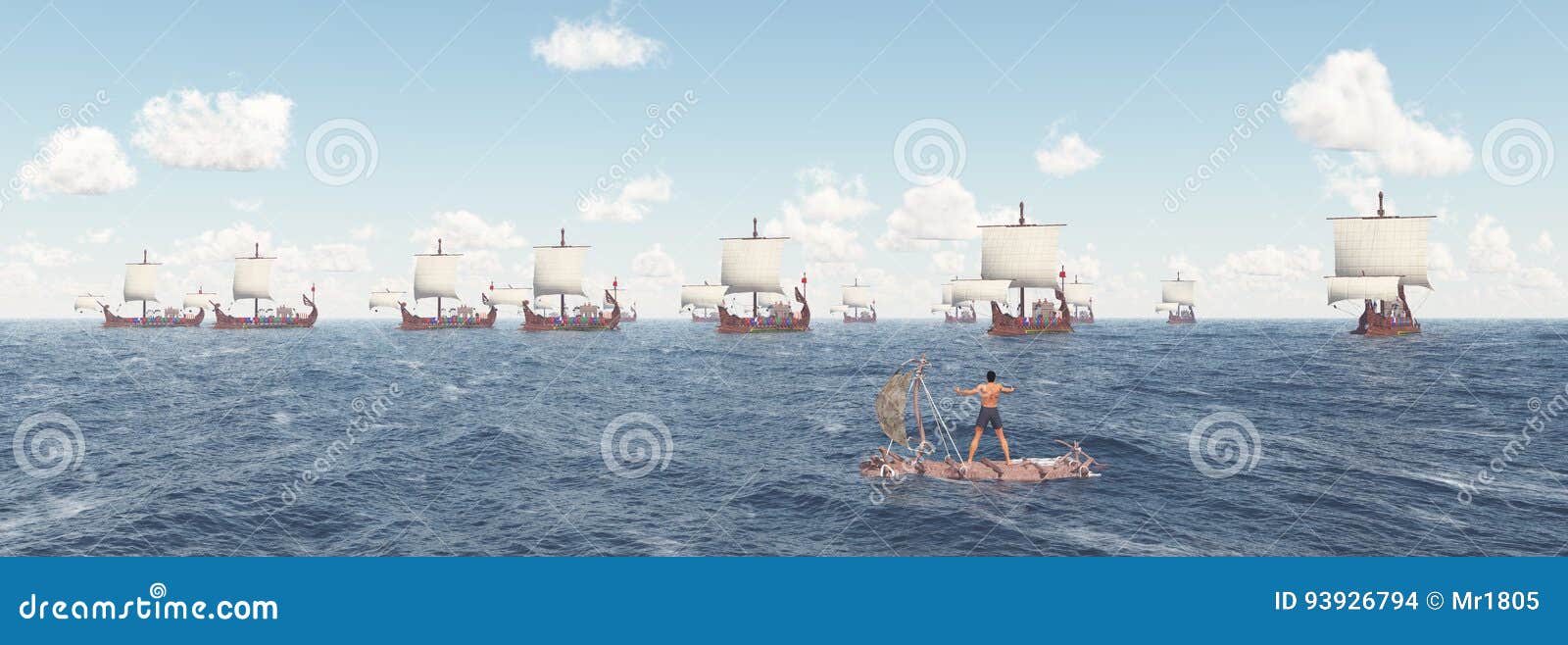 Man On A Raft And Fleet Of Ancient Roman Warships Royalty-Free Cartoon ...