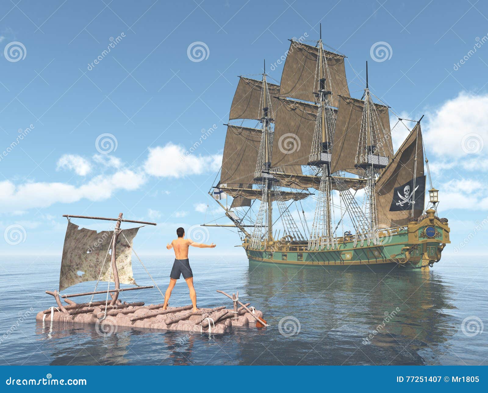Man on a Raft and Pirate Ship Stock Illustration - Illustration of sail ...