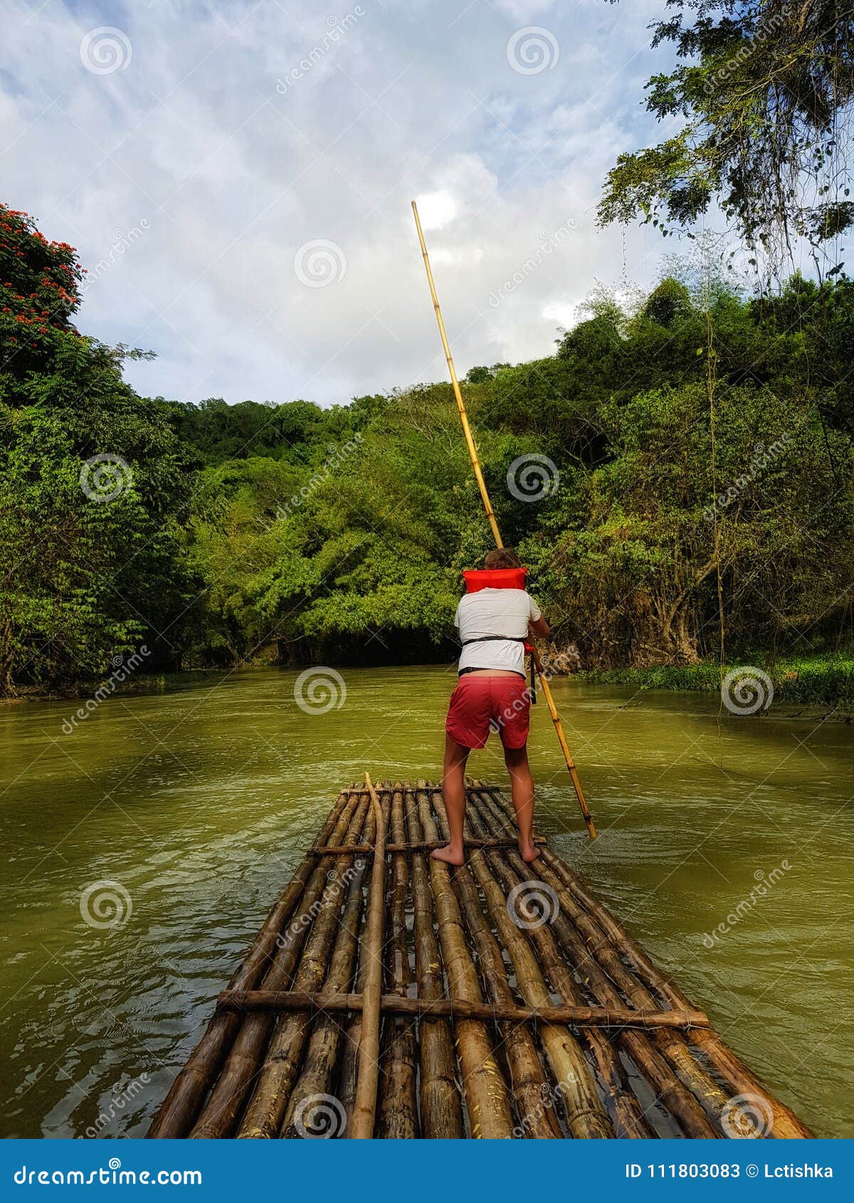 Raft on the River, Man and a Lot of Trees Stock Image - Image of rafts ...