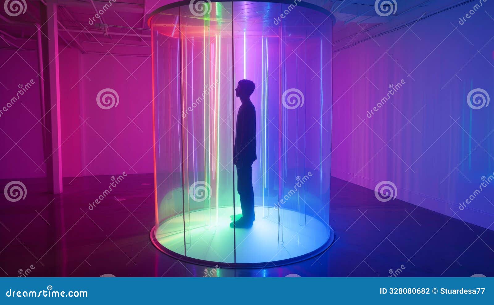Man in Rainbow-lit Cylindrical Art Installation Stock Photo - Image of ...