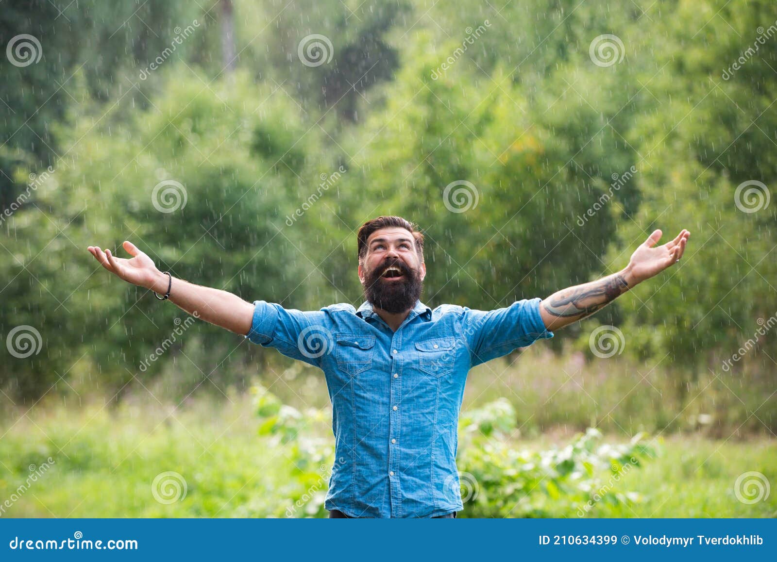 Man Raining Outside Positive Thinking Stormy Weather Meditating In