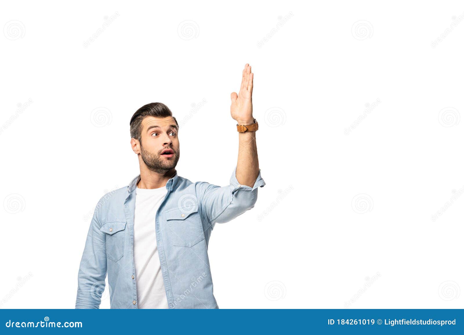 Man with Raised Hand Isolated on White with Copy Space Stock Image ...