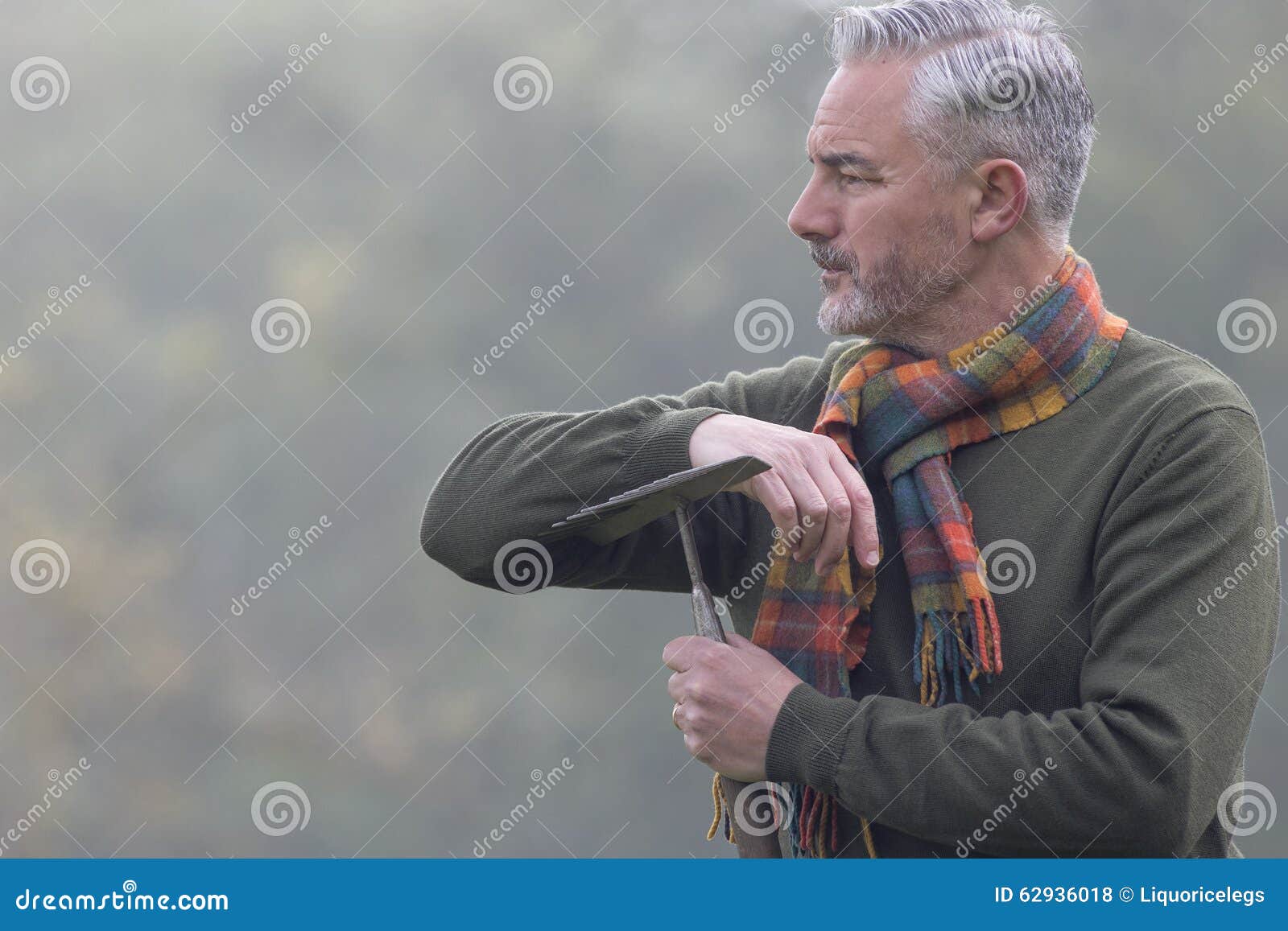 Man with Rake Looking into the Fog Stock Photo - Image of hobby, garden ...