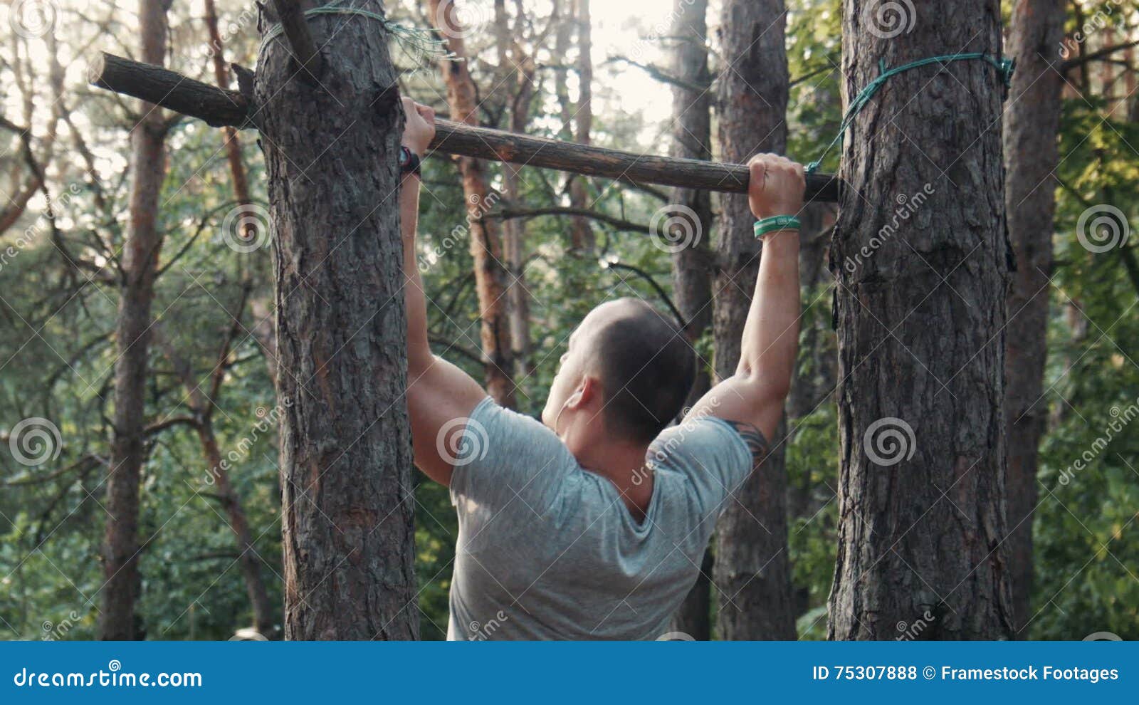 Man Reaching for a Branch Lashed To a Tree Back View Stock Footage ...