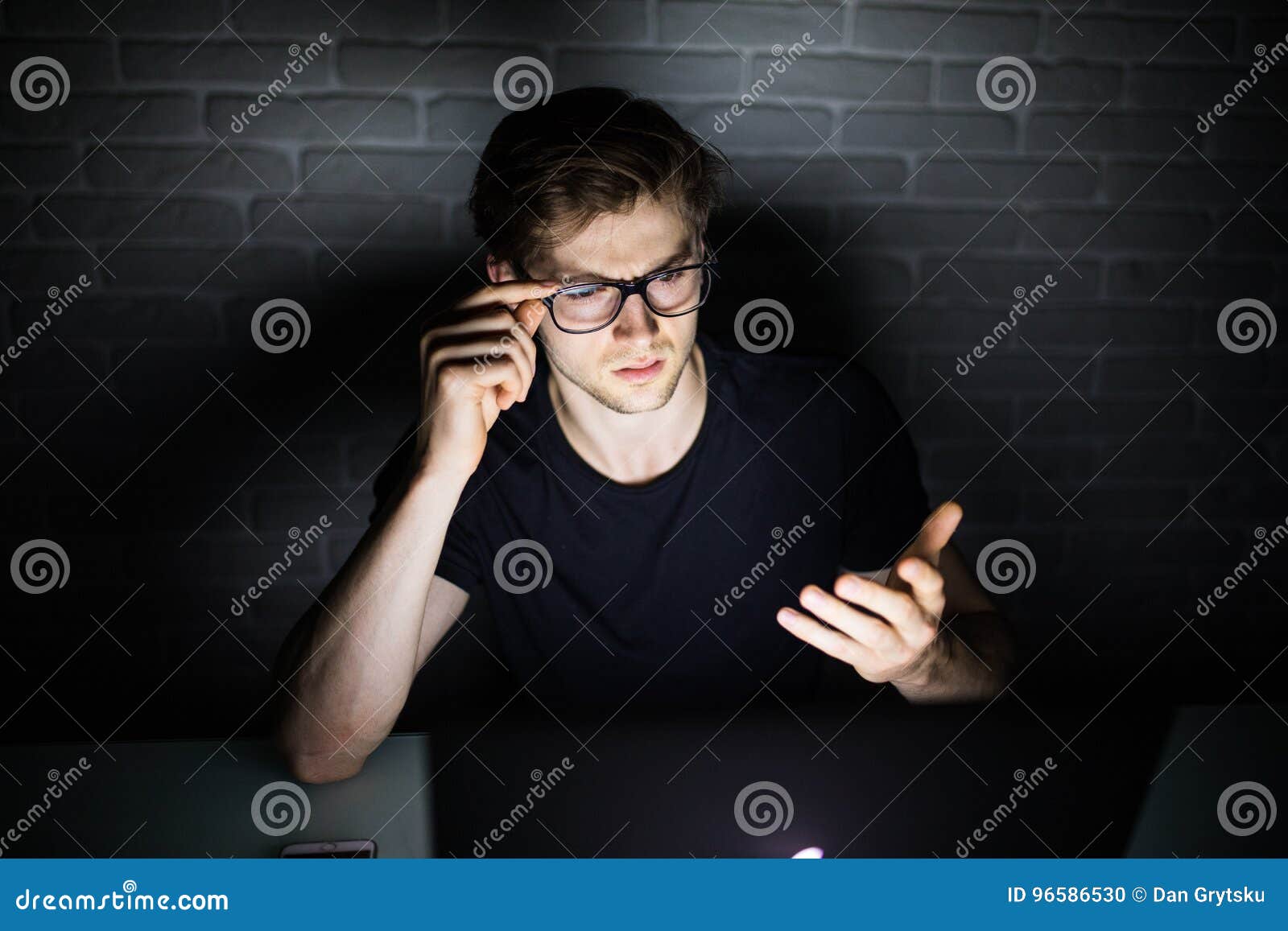 Man Read Information on Laptop and Ask with Gesture on Laptop Stock ...