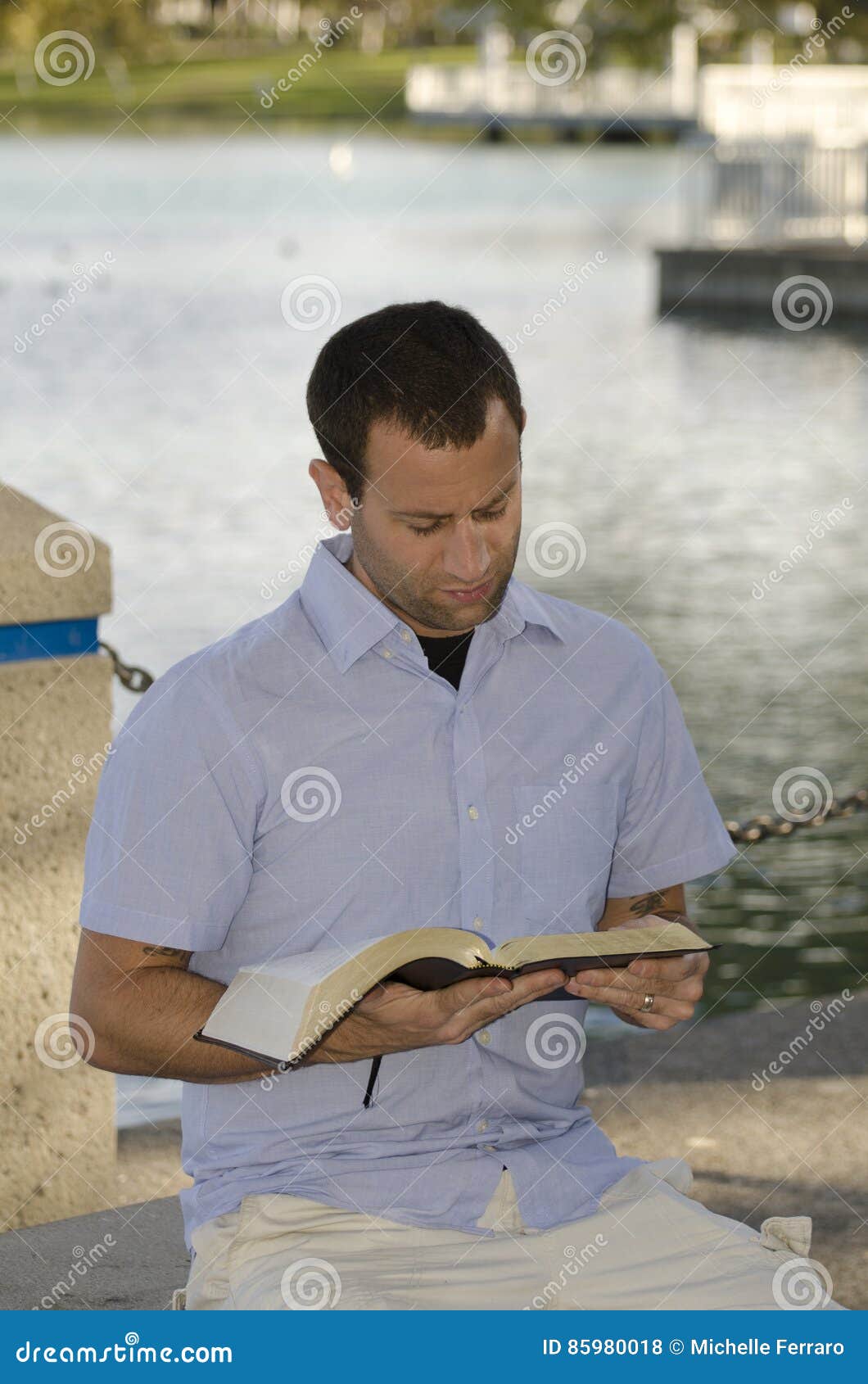 Man Reading the Bible at the Lake. Stock Photo - Image of christianity ...