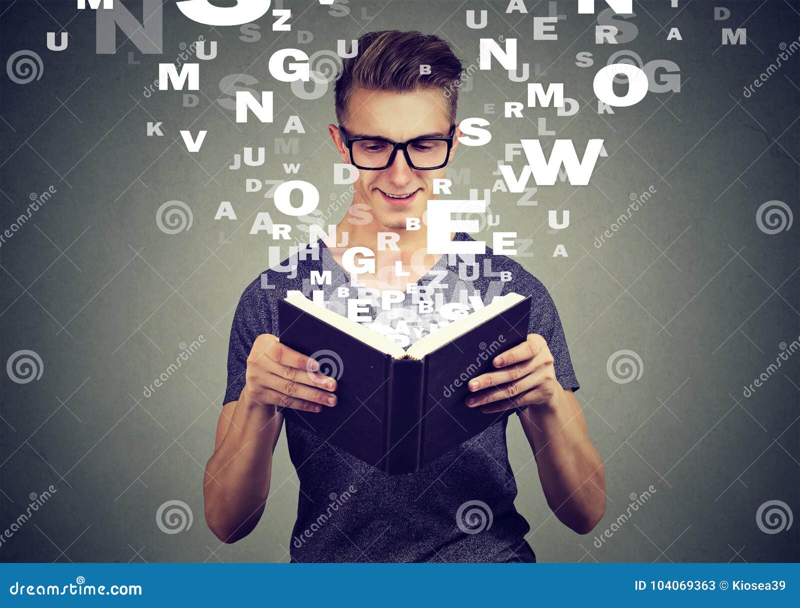 Happy Man Reading a Book with Alphabet Letters Flying Up of the Book ...