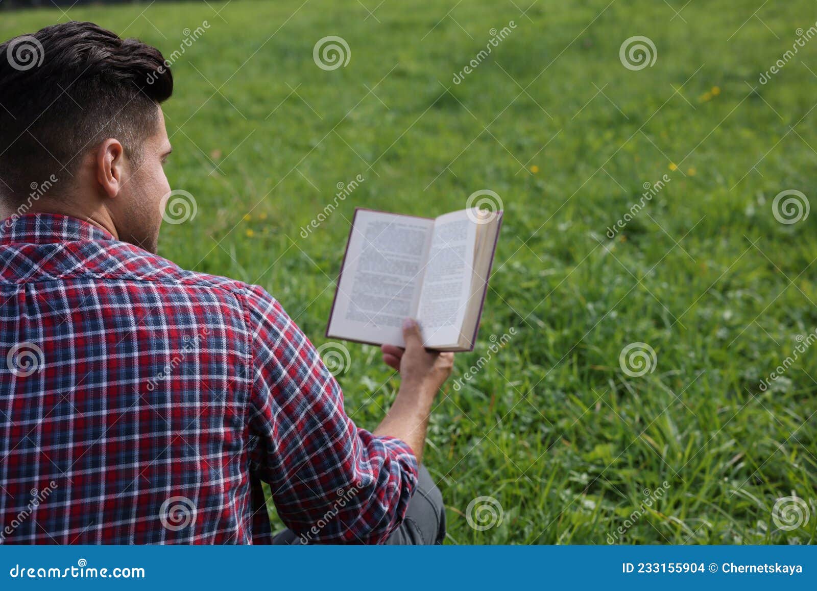 Man Reading Book on Green Grass, Back View Stock Photo - Image of grass ...